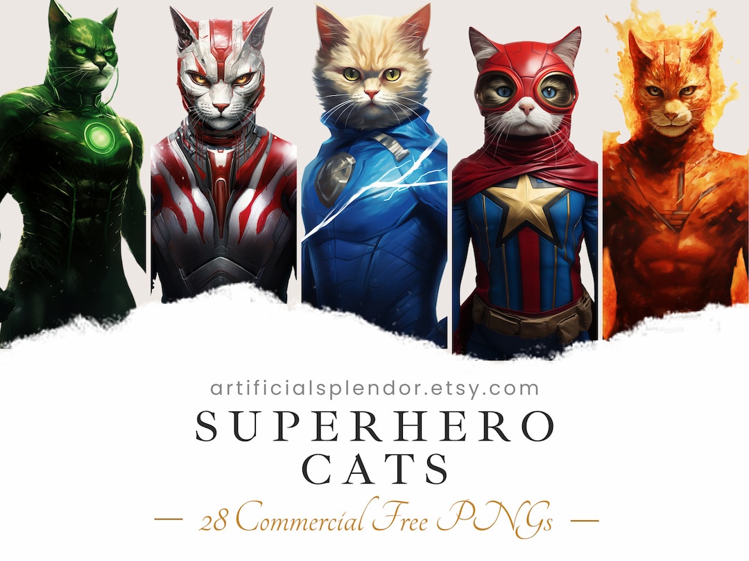 Superhero Cats Clipart Bundle Watercolor Cat Art Funny Animal PNG ...
