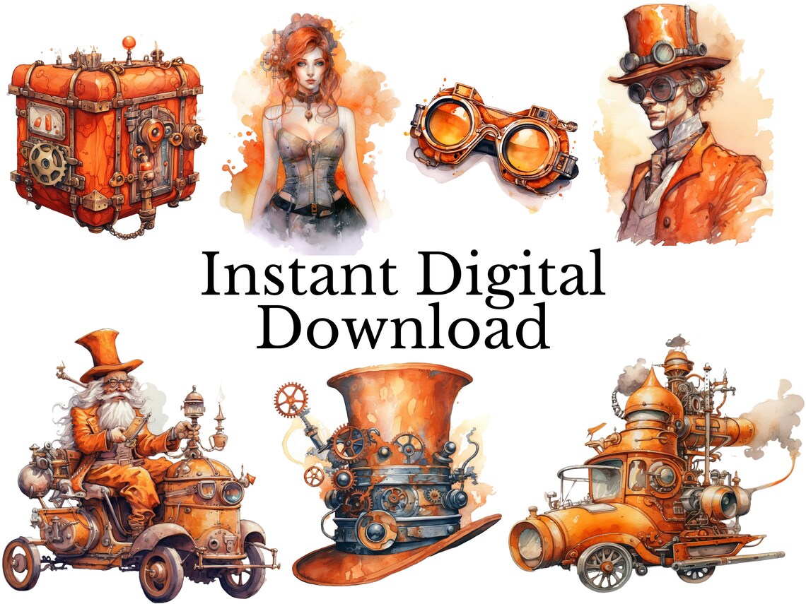 Fire Orange Steampunk Clipart Bundle, Steampunk Watercolor Art Digital ...