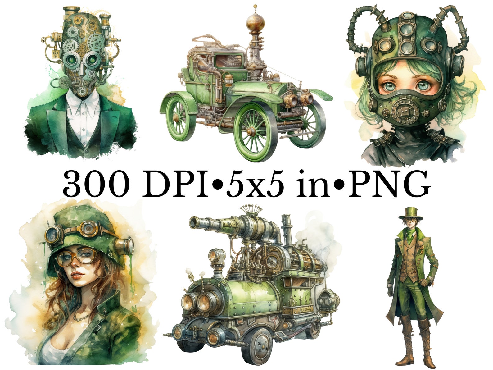 Emerald Green Steampunk Clipart Bundle, Steampunk Watercolor Art ...