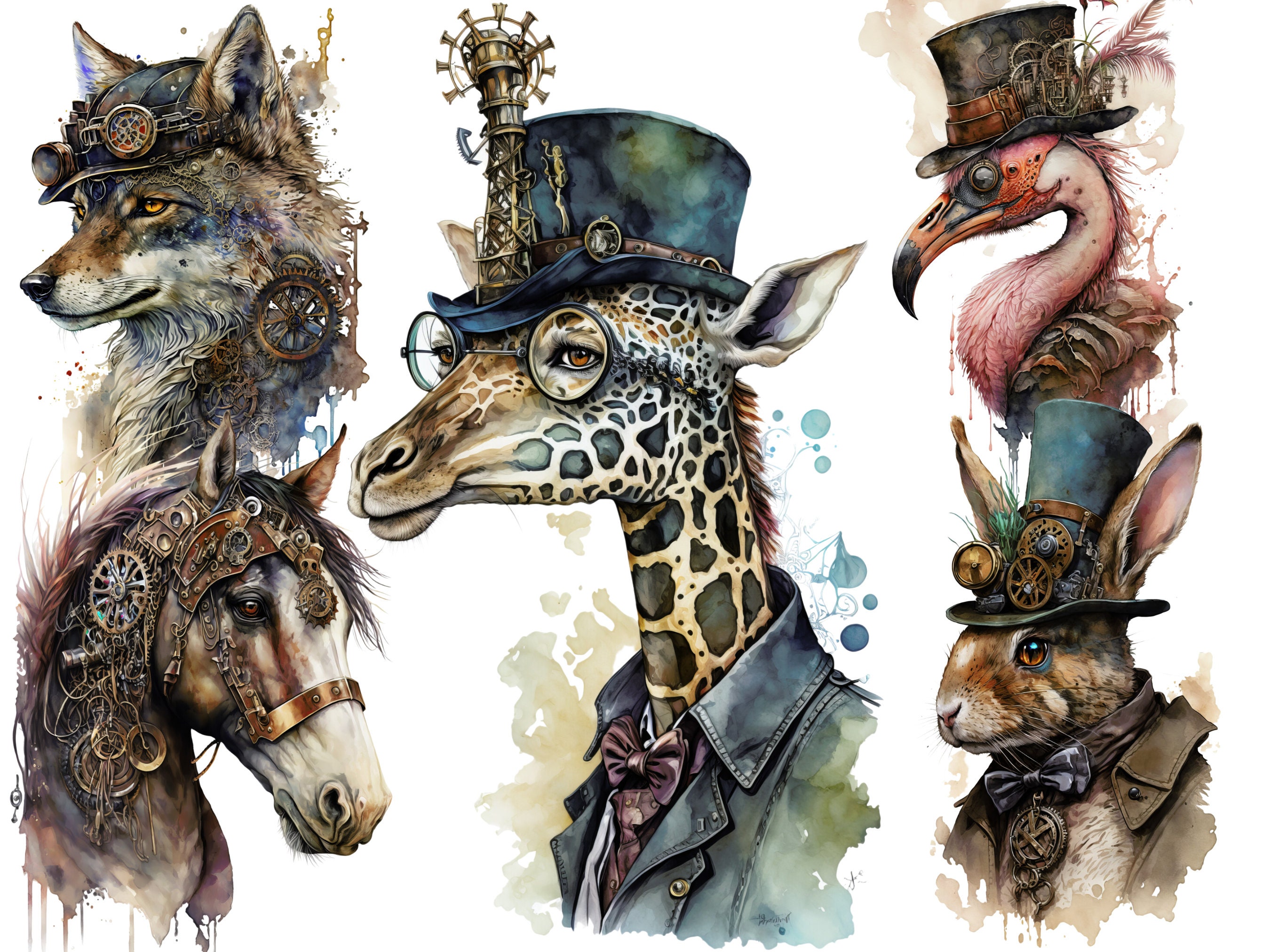 Steampunk Animal Clipart Bundle Watercolor Art Human Panda - Etsy