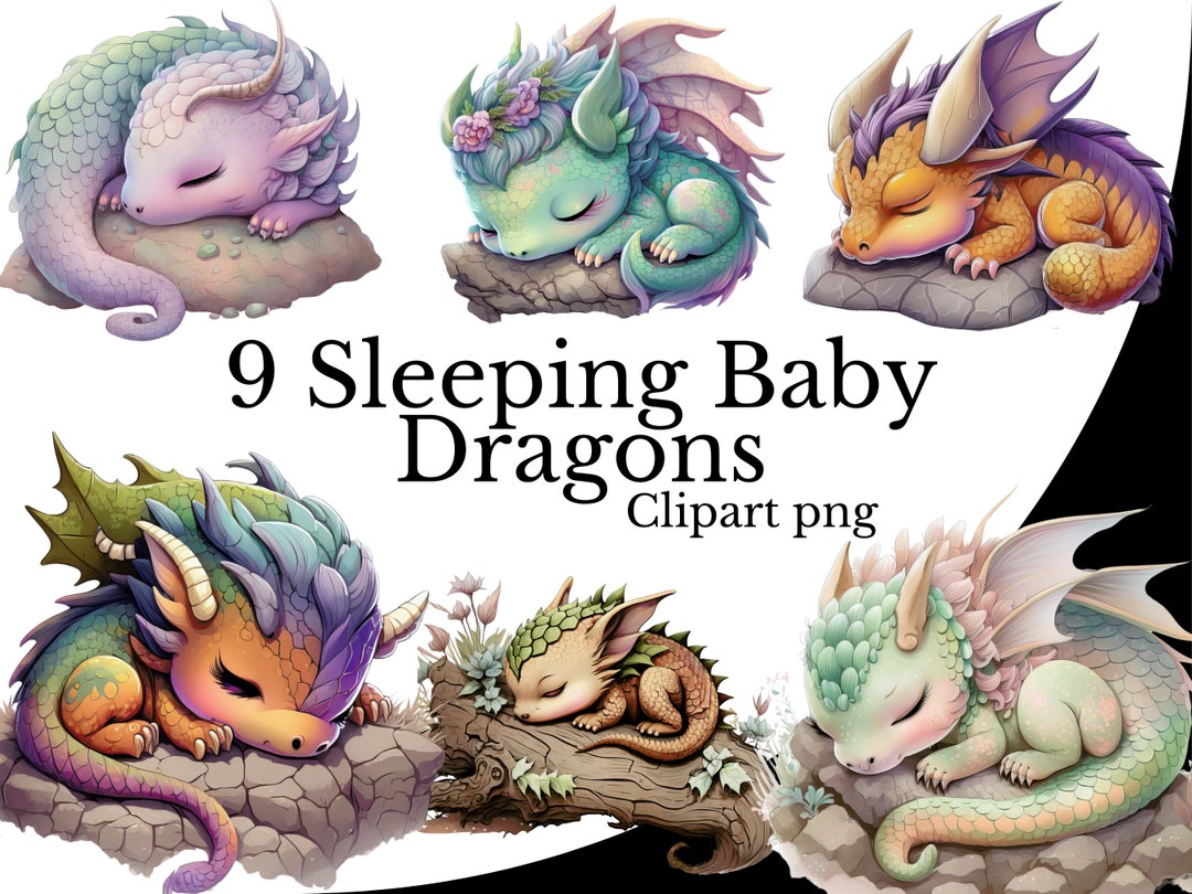 Sleeping Baby Dragon Clipart Bundle, Watercolor Art, Fantasy Cute Dragon PNG, Digital Chibi ...