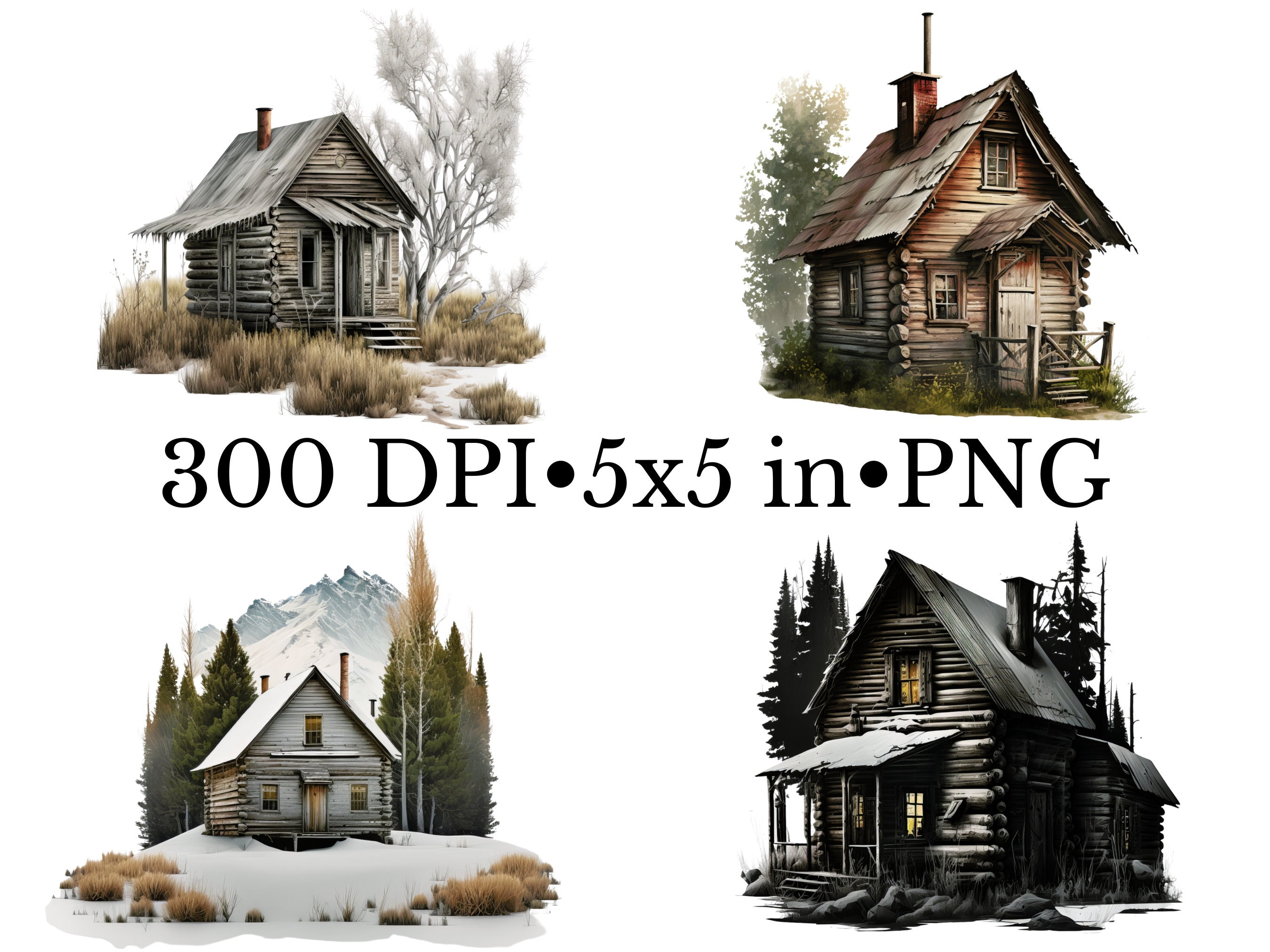 Cabin Clipart Bundle, Watercolor PNG, Transparent Background, Log Cabin ...