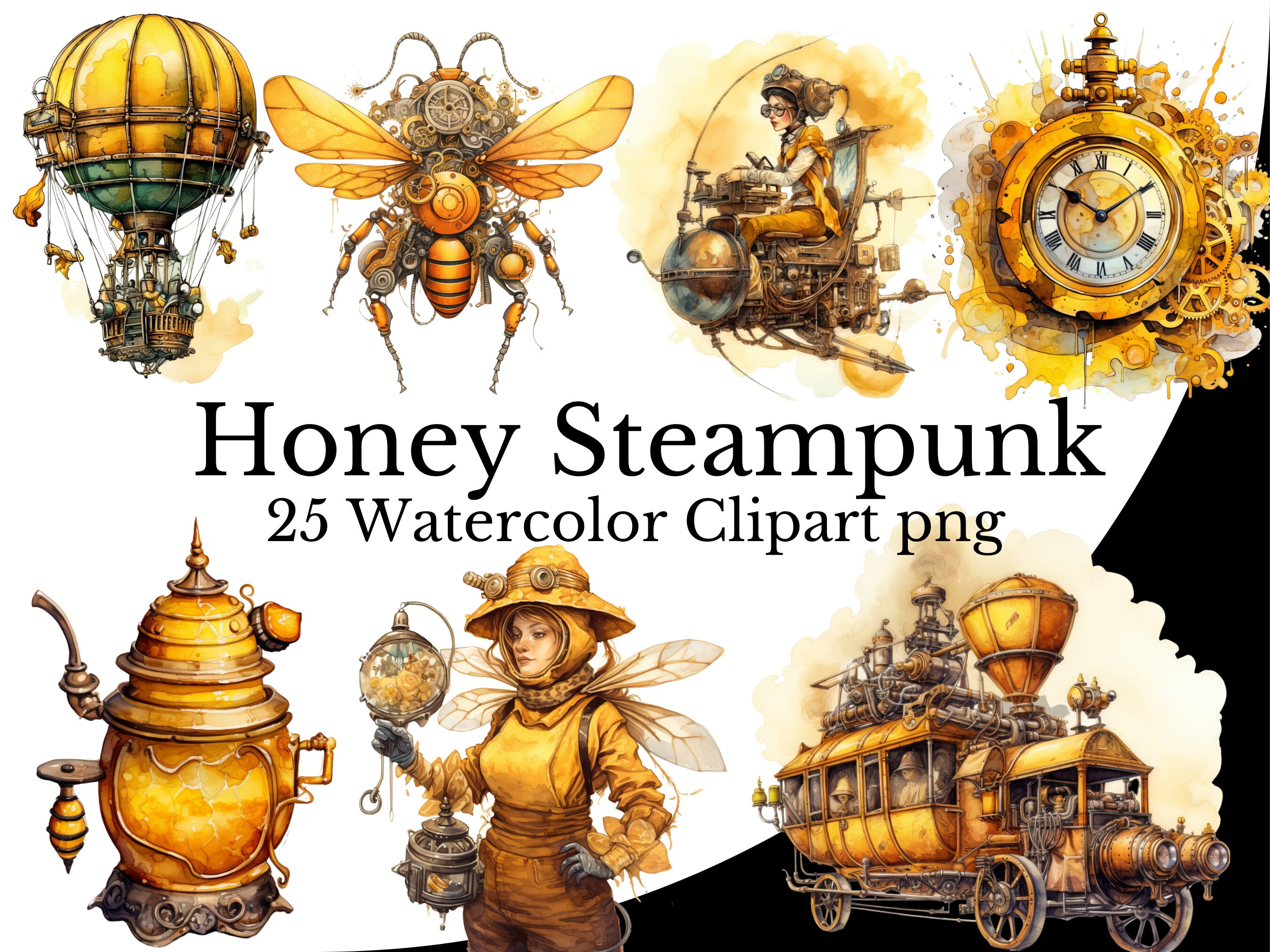 Honey Yellow Steampunk Clipart Bundle, Gold Steampunk Watercolor Art ...