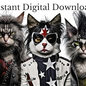 Rockstar Cat Clipart Bundle, Watercolor Art, Human Animal PNG, Digital ...