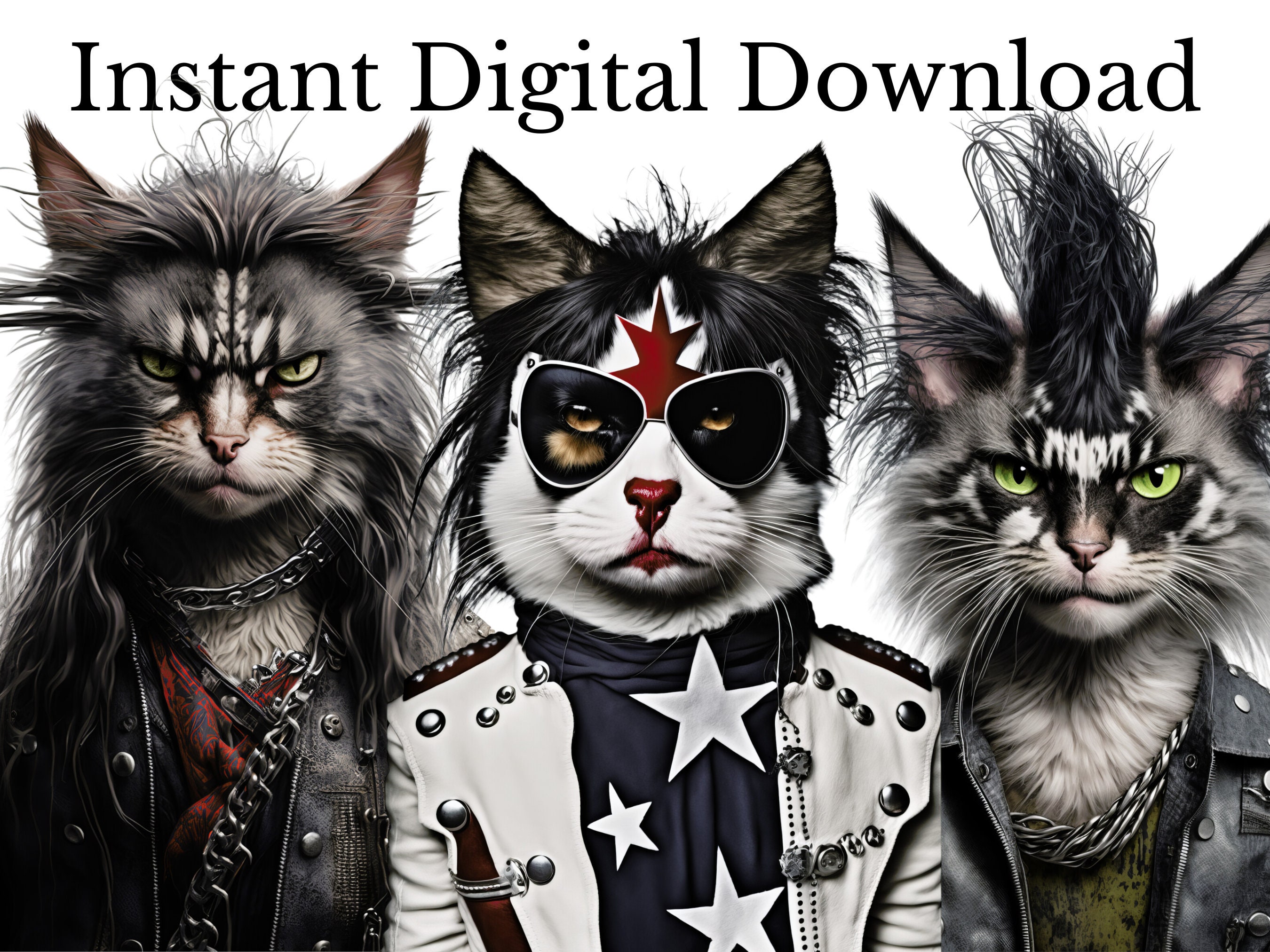 Rockstar Cat Clipart Bundle, Watercolor Art, Human Animal PNG, Digital ...