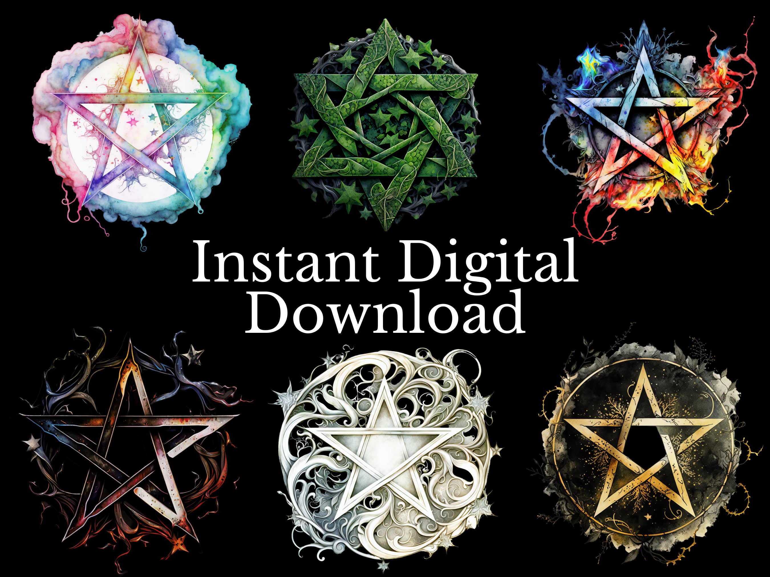 Pentagram Clipart Bundle, Watercolor PNG, Star Witchcraft Art ...