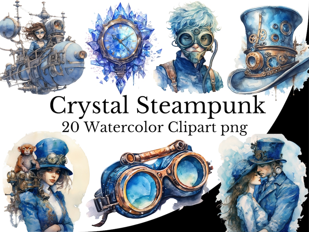Crystal Blue Steampunk Clipart Bundle, Steampunk Watercolor Art Digital ...