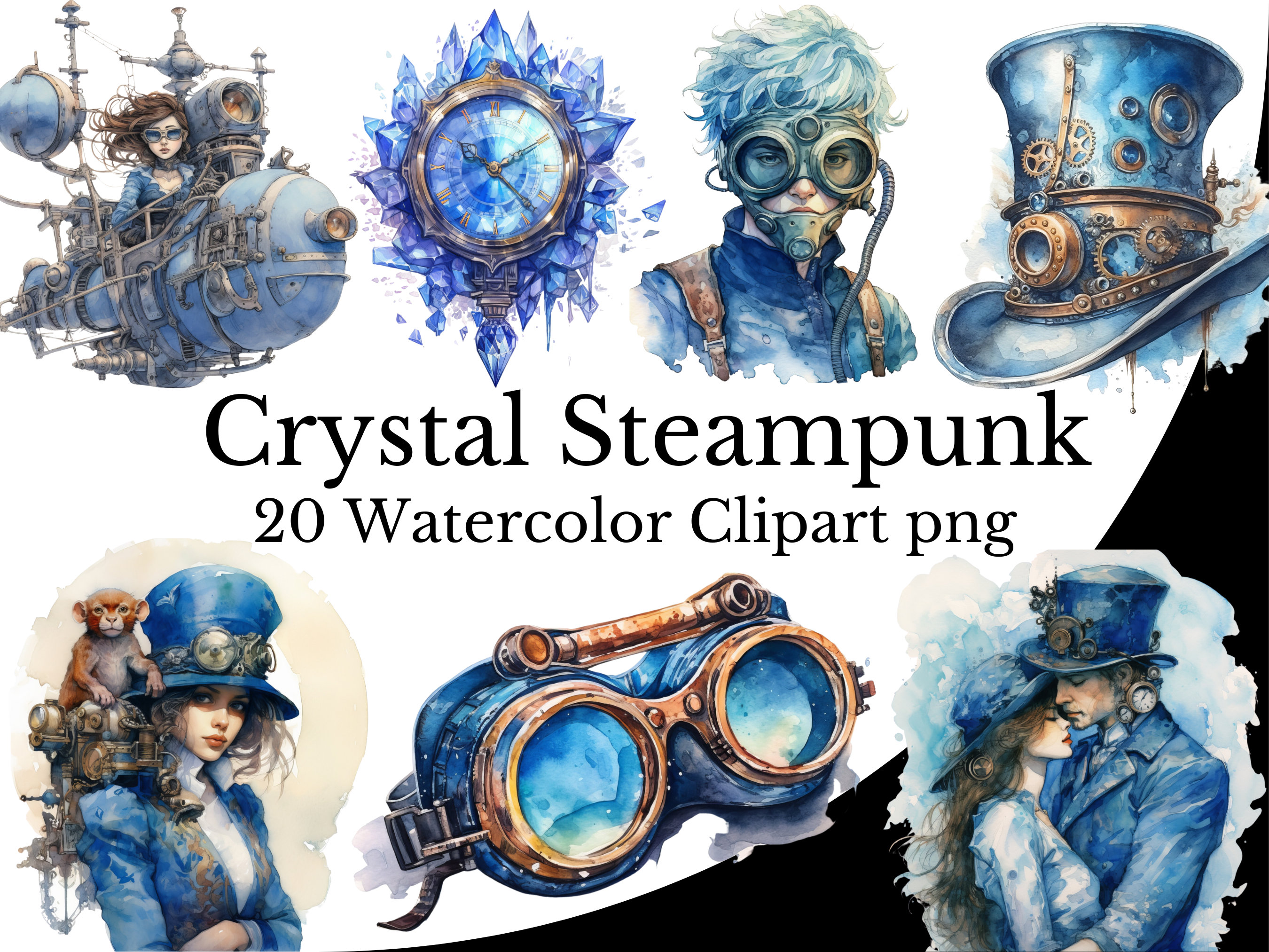 Crystal Blue Steampunk Clipart Bundle Steampunk Watercolor - Etsy
