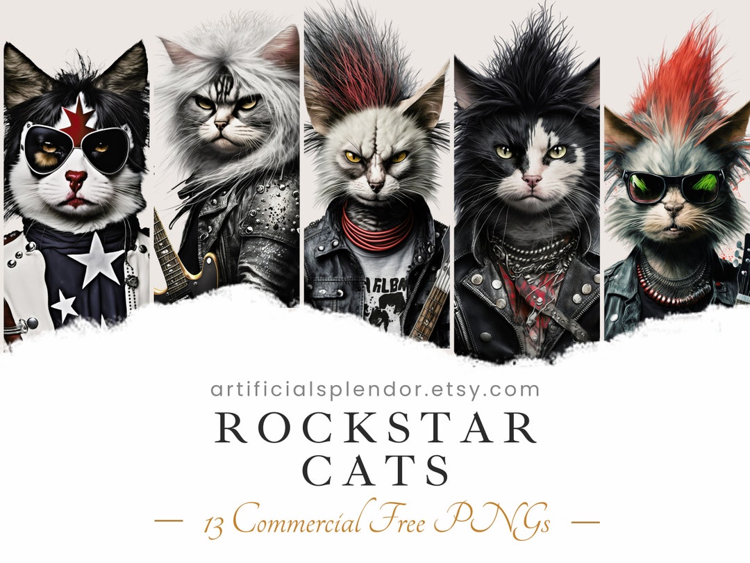 Rockstar Cat Clipart Bundle, Watercolor Art, Human Animal PNG, Digital ...