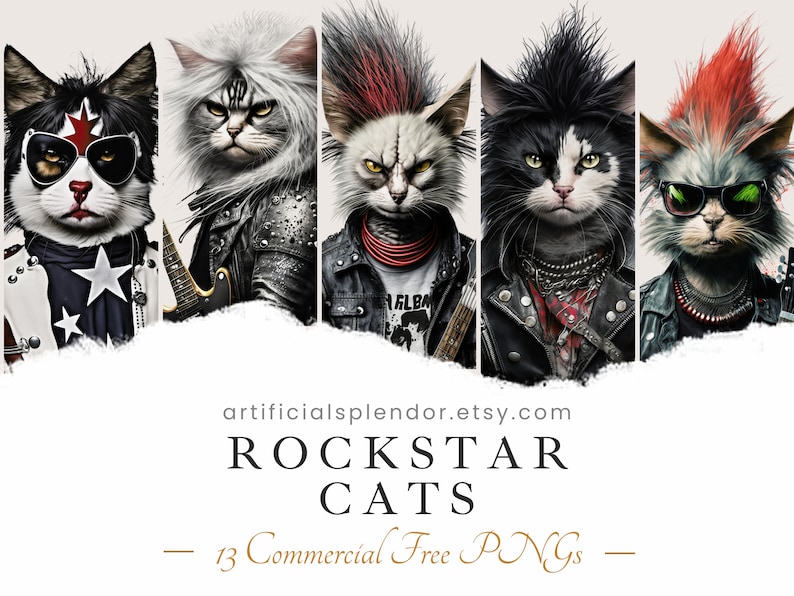 Rockstar Cat Clipart Bundle, Watercolor Art, Human Animal PNG, Digital ...