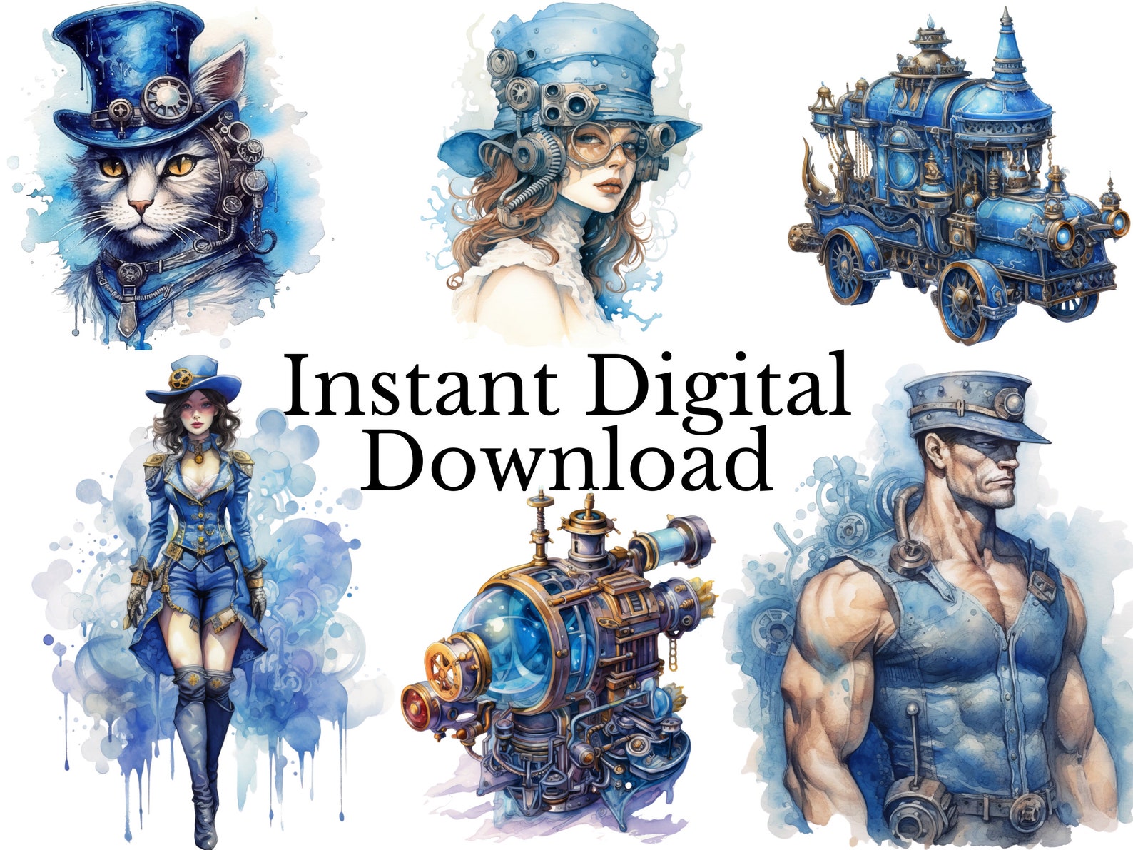 Crystal Blue Steampunk Clipart Bundle, Steampunk Watercolor Art Digital ...