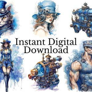 Crystal Blue Steampunk Clipart Bundle, Steampunk Watercolor Art Digital ...