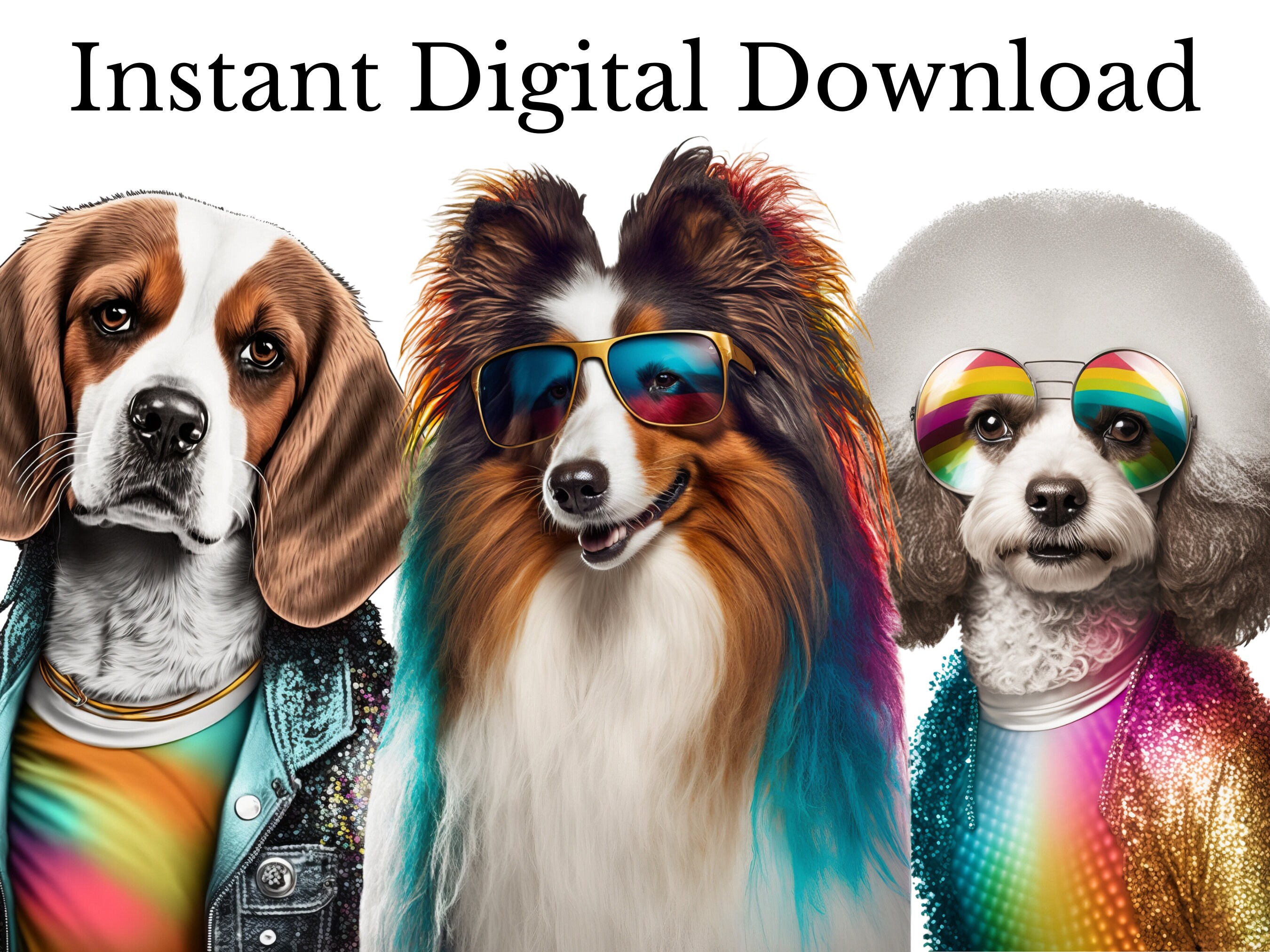 Disco Dog Clipart Bundle, 1970's Watercolor Art Animal PNG Digital ...