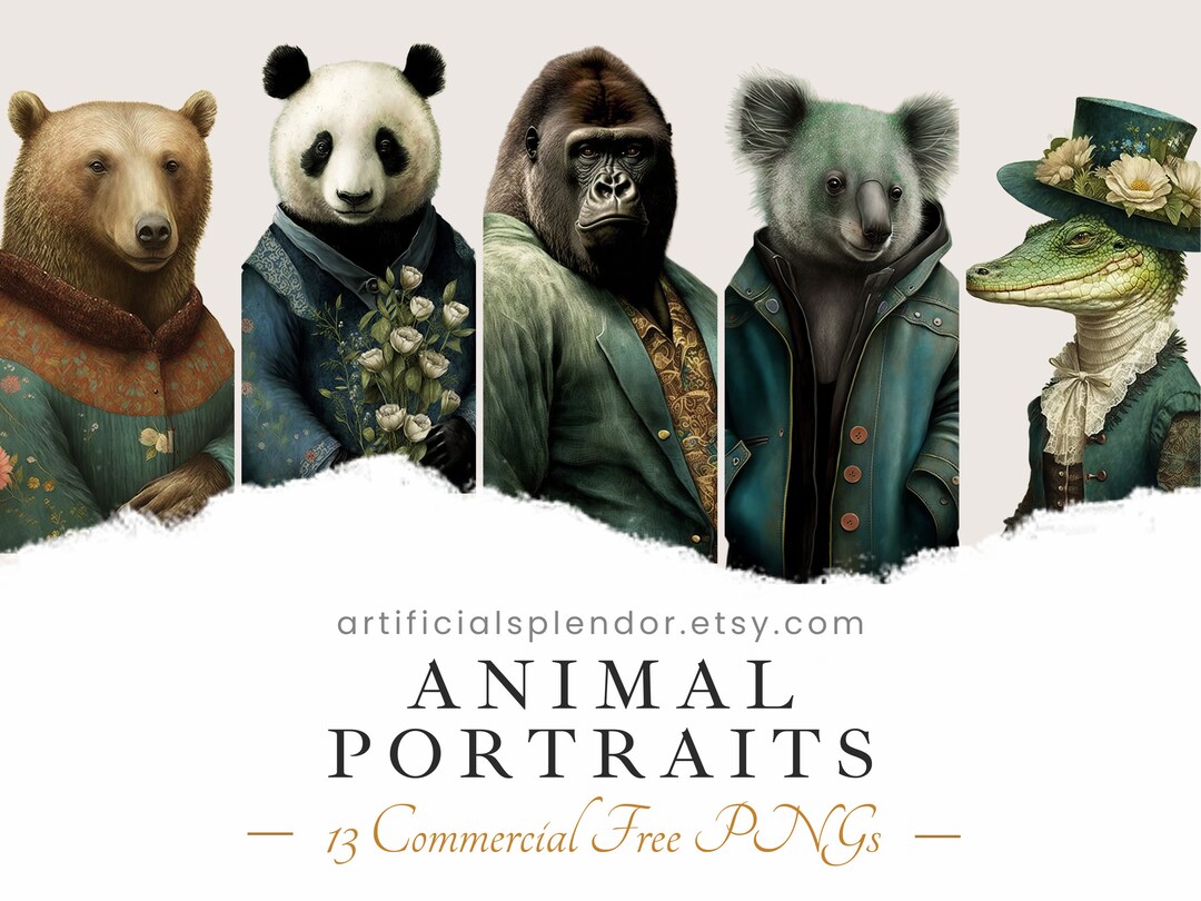Animal Portrait Clipart Bundle, Watercolor Art, Human Animal PNG ...