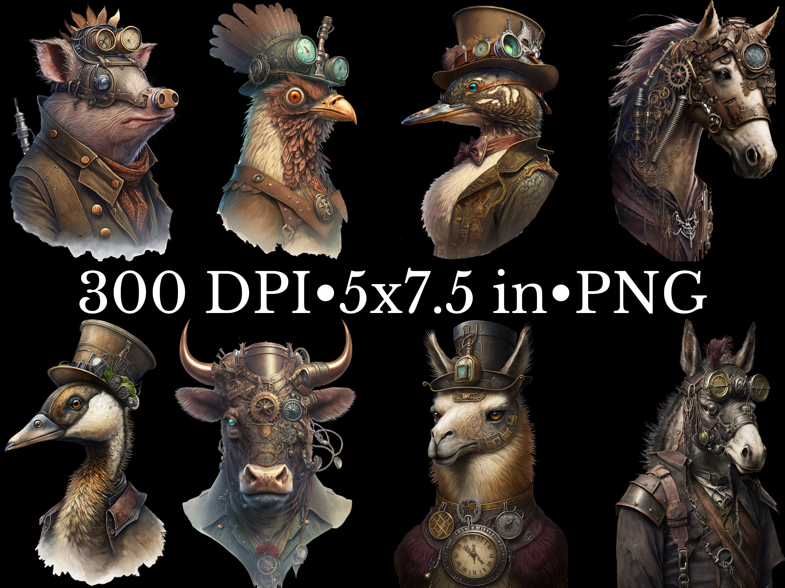 Steampunk Farm Animal Clipart Bundle, Pngs With Transparent Background ...