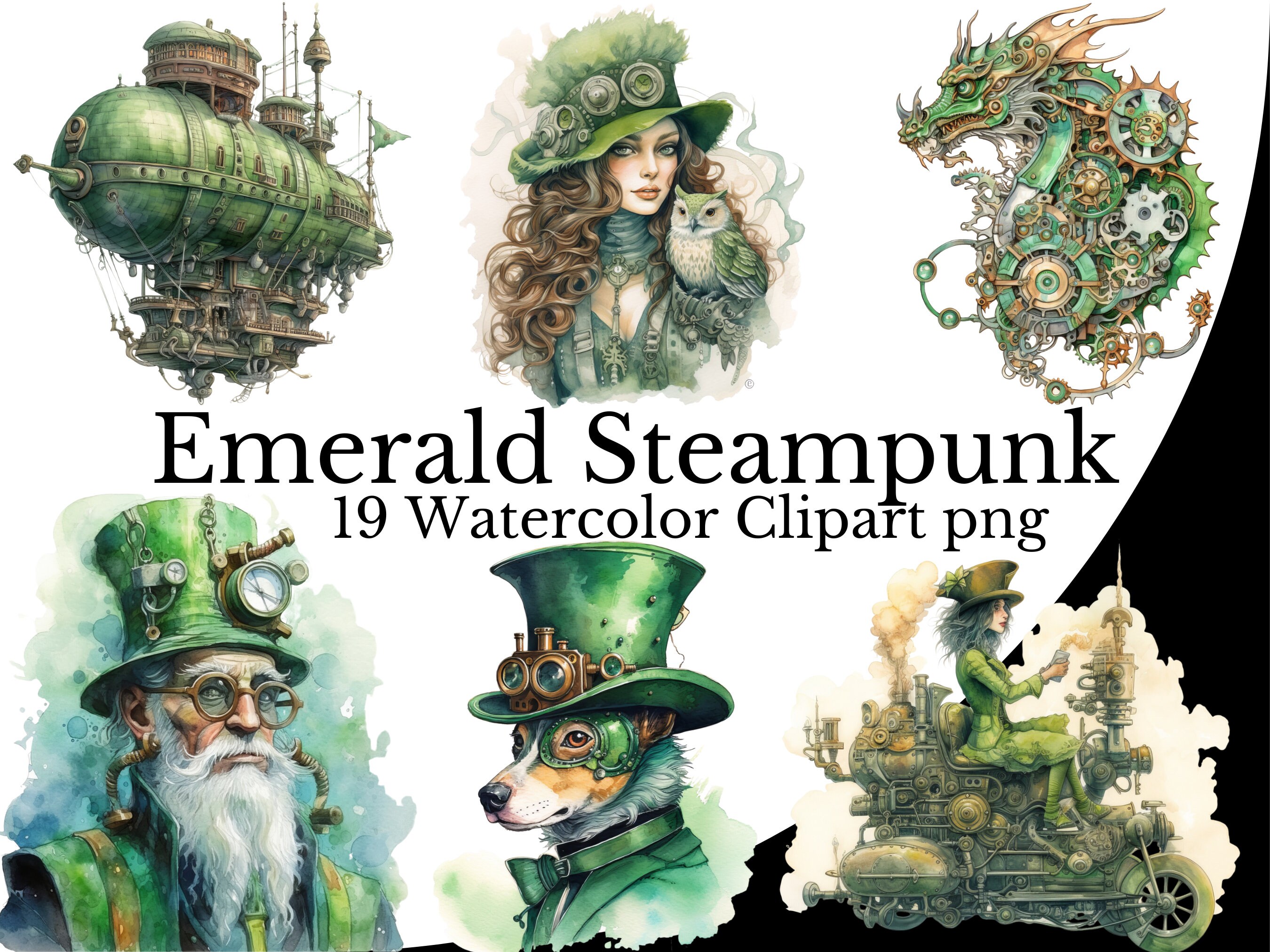 Emerald Green Steampunk Clipart Bundle, Steampunk Watercolor Art ...