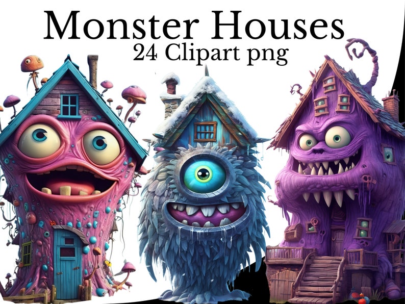 Monster Houses Clipart Bundle, Digital CGI Watercolor Art, Haunted ...