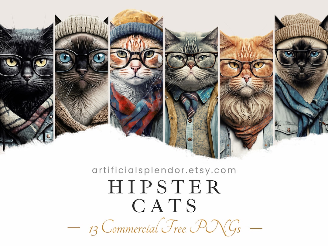Hipster Cat Clipart Bundle, Watercolor Art, Human Animal PNG, Digital ...