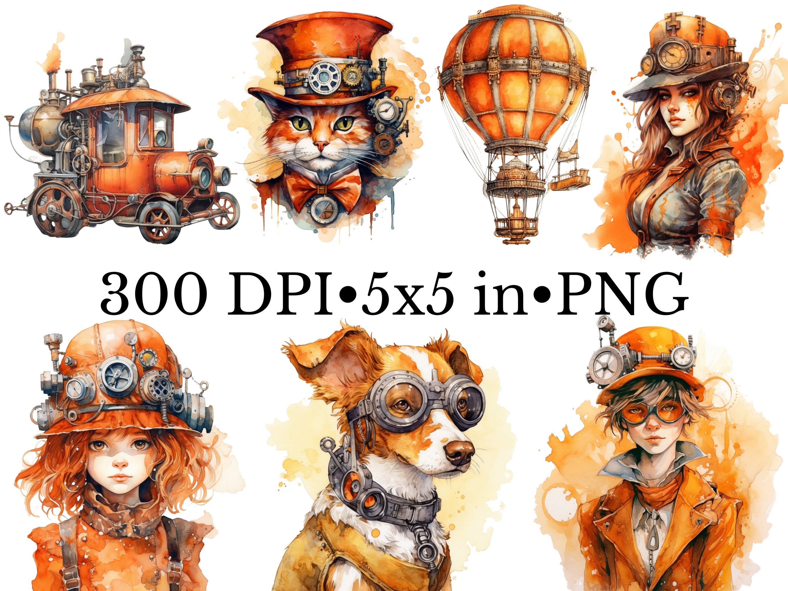 Fire Orange Steampunk Clipart Bundle, Steampunk Watercolor Art Digital ...