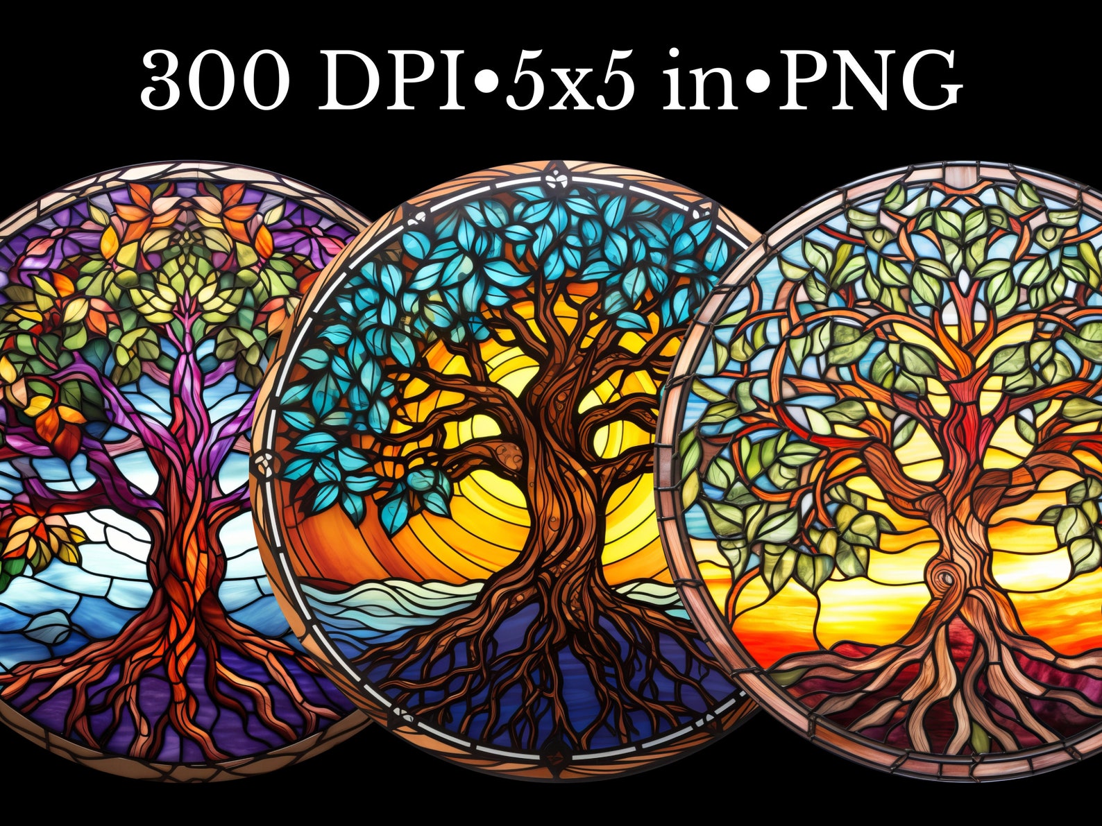 Tree of Life Stained Glass Style Clipart Bundle, Watercolor PNG, Tree ...