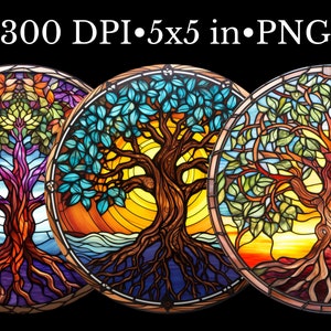 Tree of Life Stained Glass Style Clipart Bundle, Watercolor PNG, Tree ...