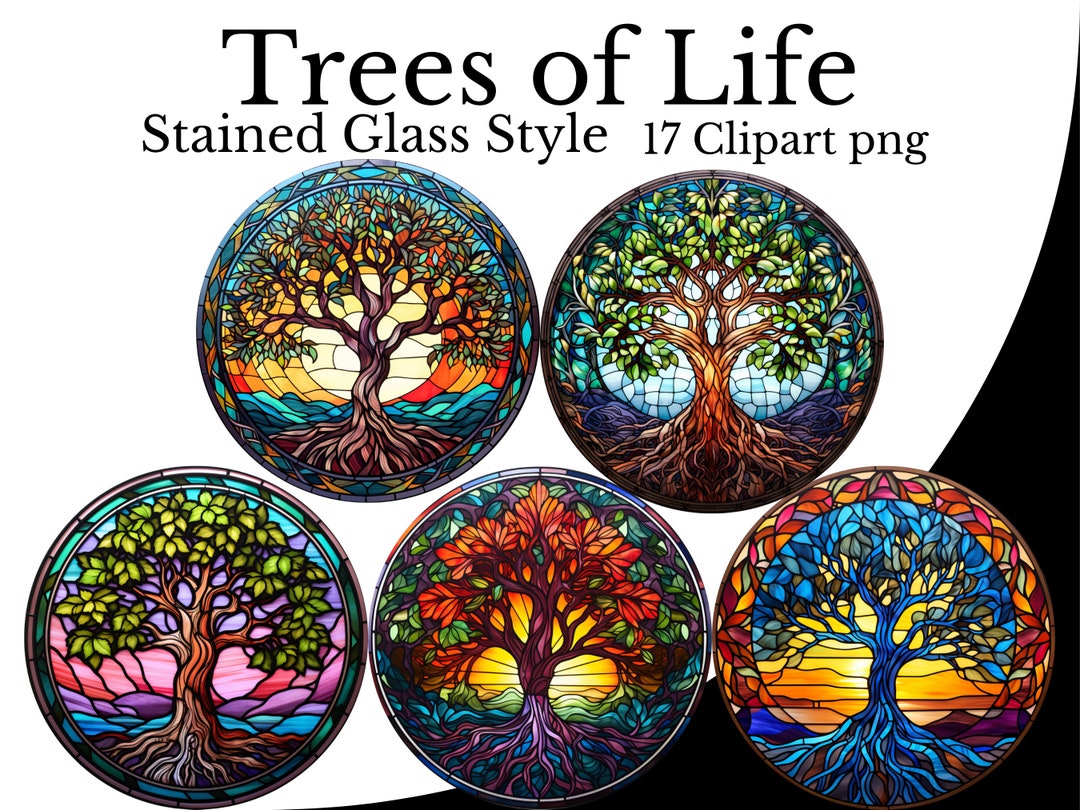 Tree of Life Stained Glass Style Clipart Bundle, Watercolor PNG, Tree ...