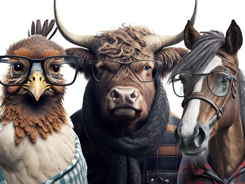 Hipster Farm Animal Clipart Bundle, Watercolor Art, Human Chicken PNG ...