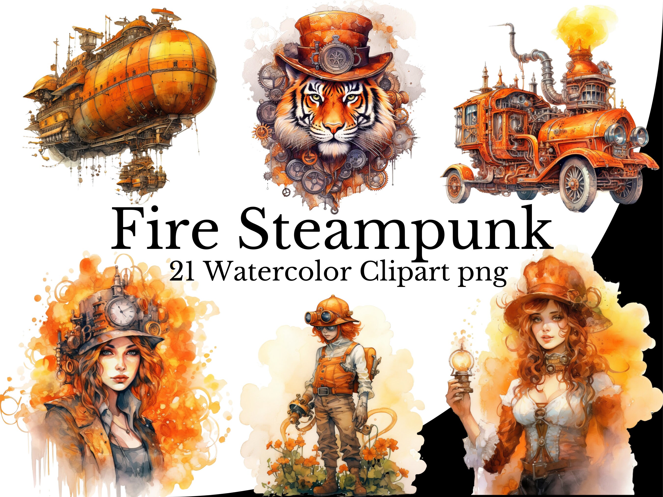 Fire Orange Steampunk Clipart Bundle, Steampunk Watercolor Art Digital ...