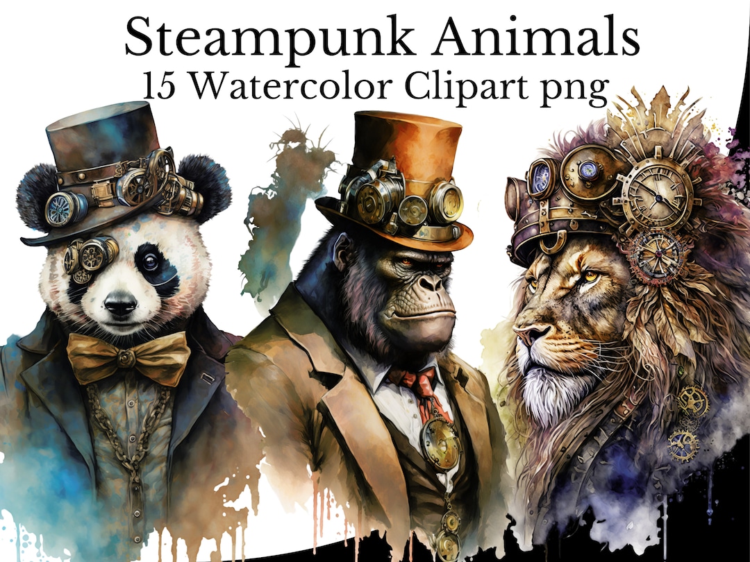 Steampunk Animal Clipart Bundle, Watercolor Art, Human Panda PNG ...