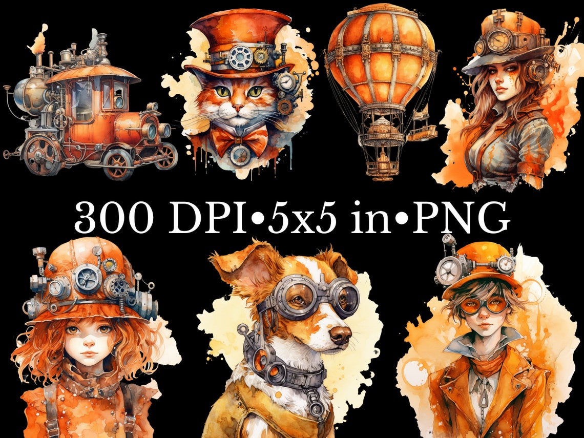 Fire Orange Steampunk Clipart Bundle, Steampunk Watercolor Art Digital ...