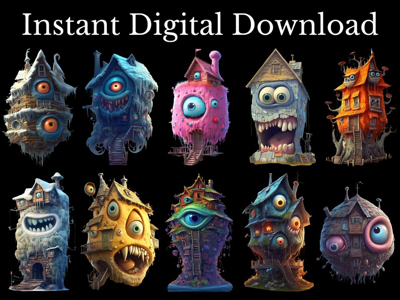 Monster Houses Clipart Bundle Digital CGI Watercolor Art - Etsy