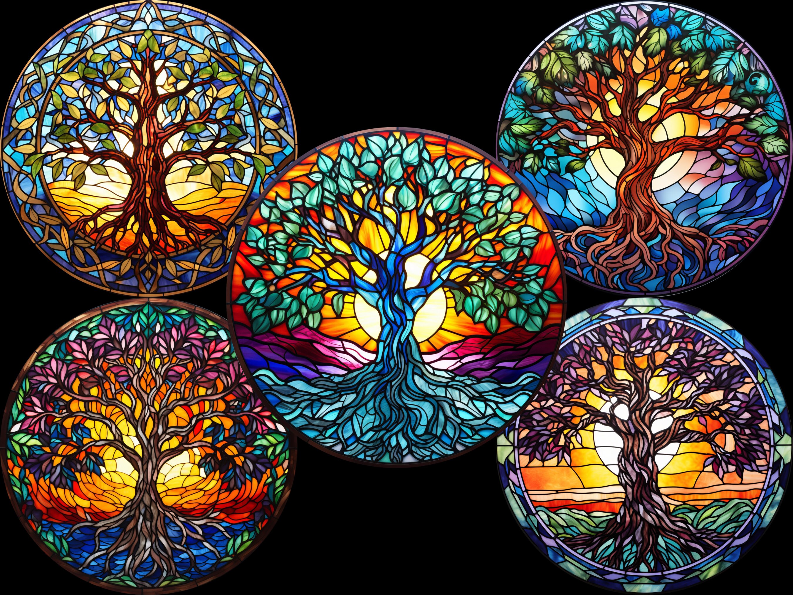 Tree of Life Stained Glass Style Clipart Bundle, Watercolor PNG, Tree ...