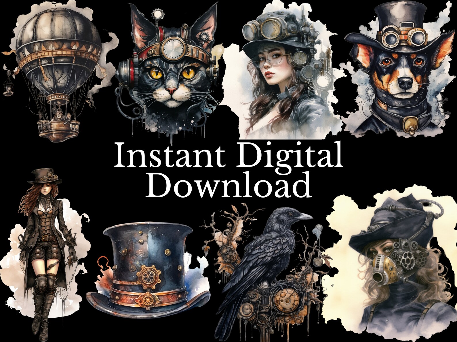 Raven Black Steampunk Clipart Bundle Steampunk Watercolor Art - Etsy