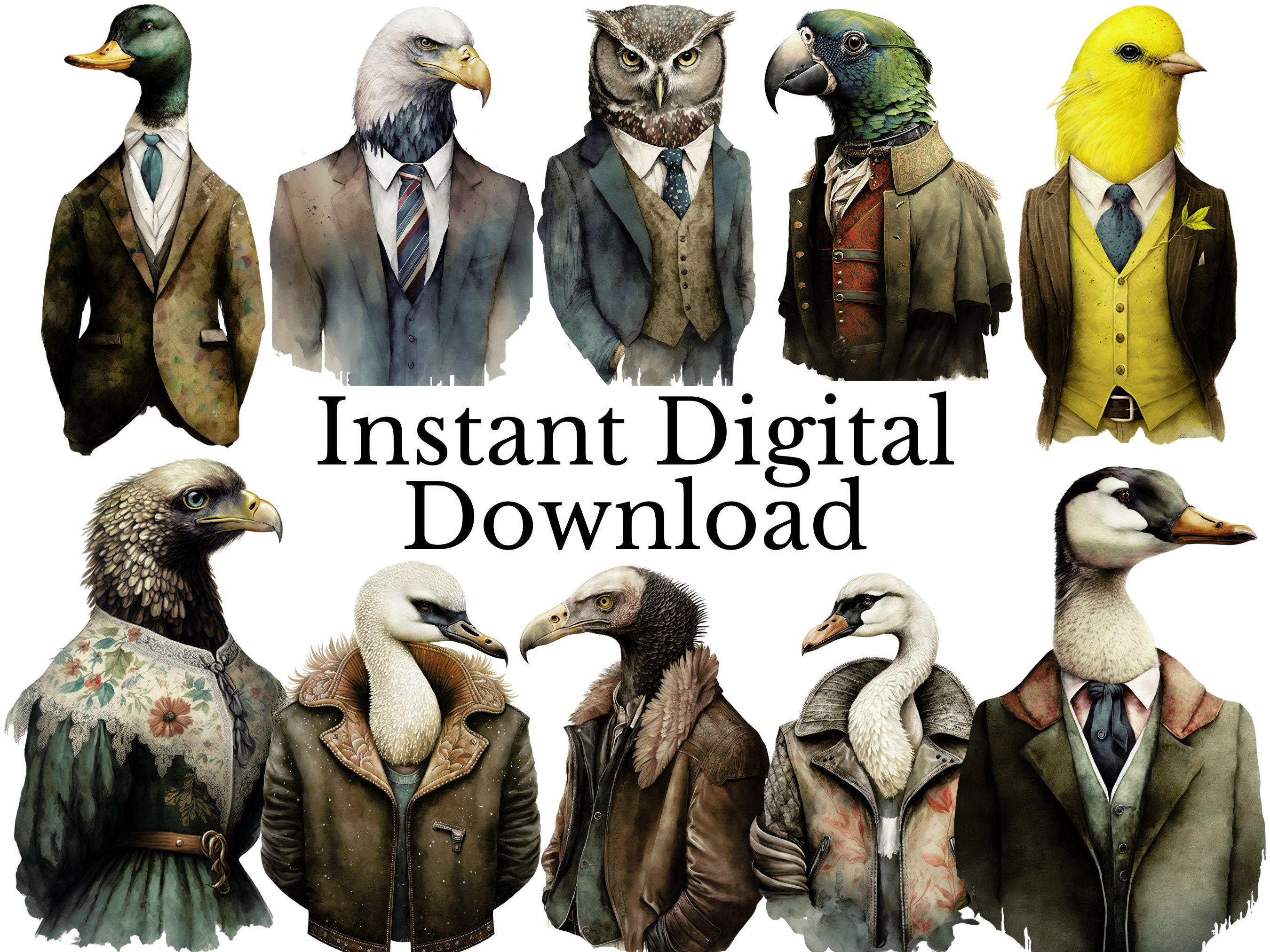 Bird Portrait Clipart Bundle Watercolor Art Human Animal - Etsy