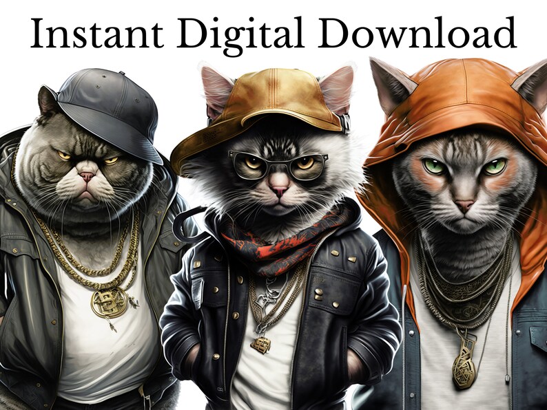 Hip Hop Cat Clipart Bundle, Watercolor Art, Human Animal PNG, Digital ...