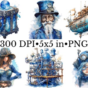 Crystal Blue Steampunk Clipart Bundle, Steampunk Watercolor Art Digital ...