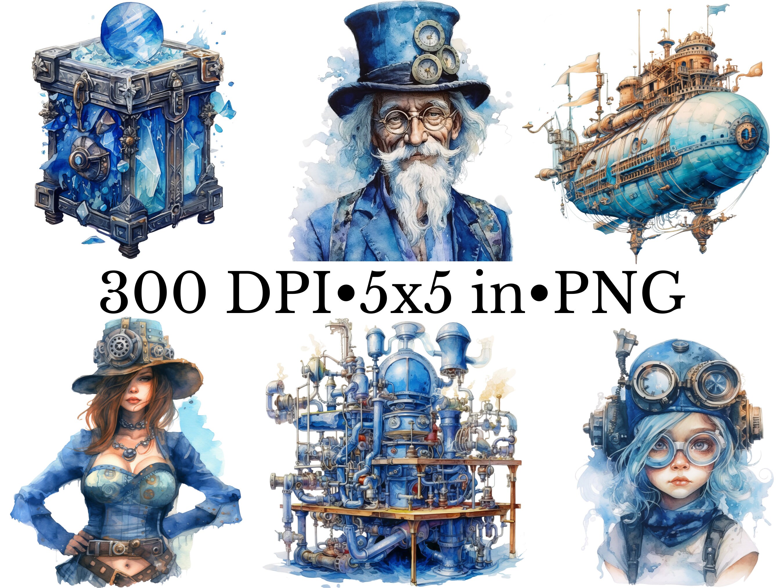 Crystal Blue Steampunk Clipart Bundle Steampunk Watercolor - Etsy