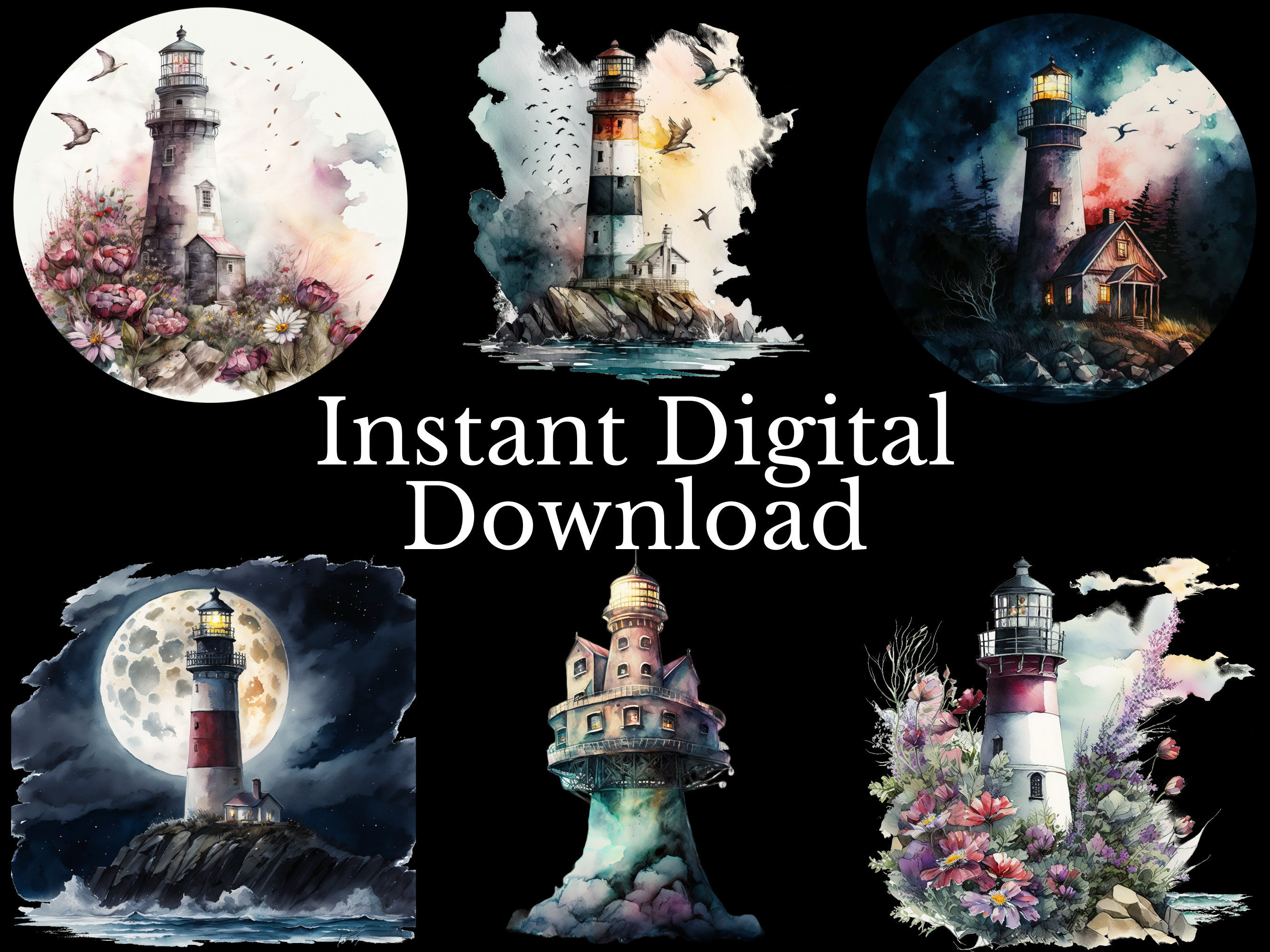 Lighthouse Clipart Bundle, Watercolor Art, Lighthouse PNG, Digital Art ...