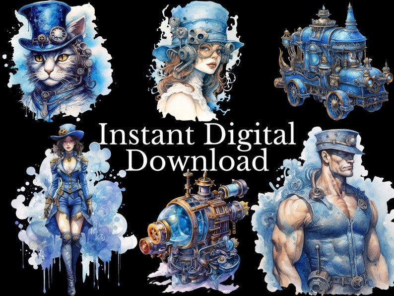 Crystal Blue Steampunk Clipart Bundle Steampunk Watercolor - Etsy