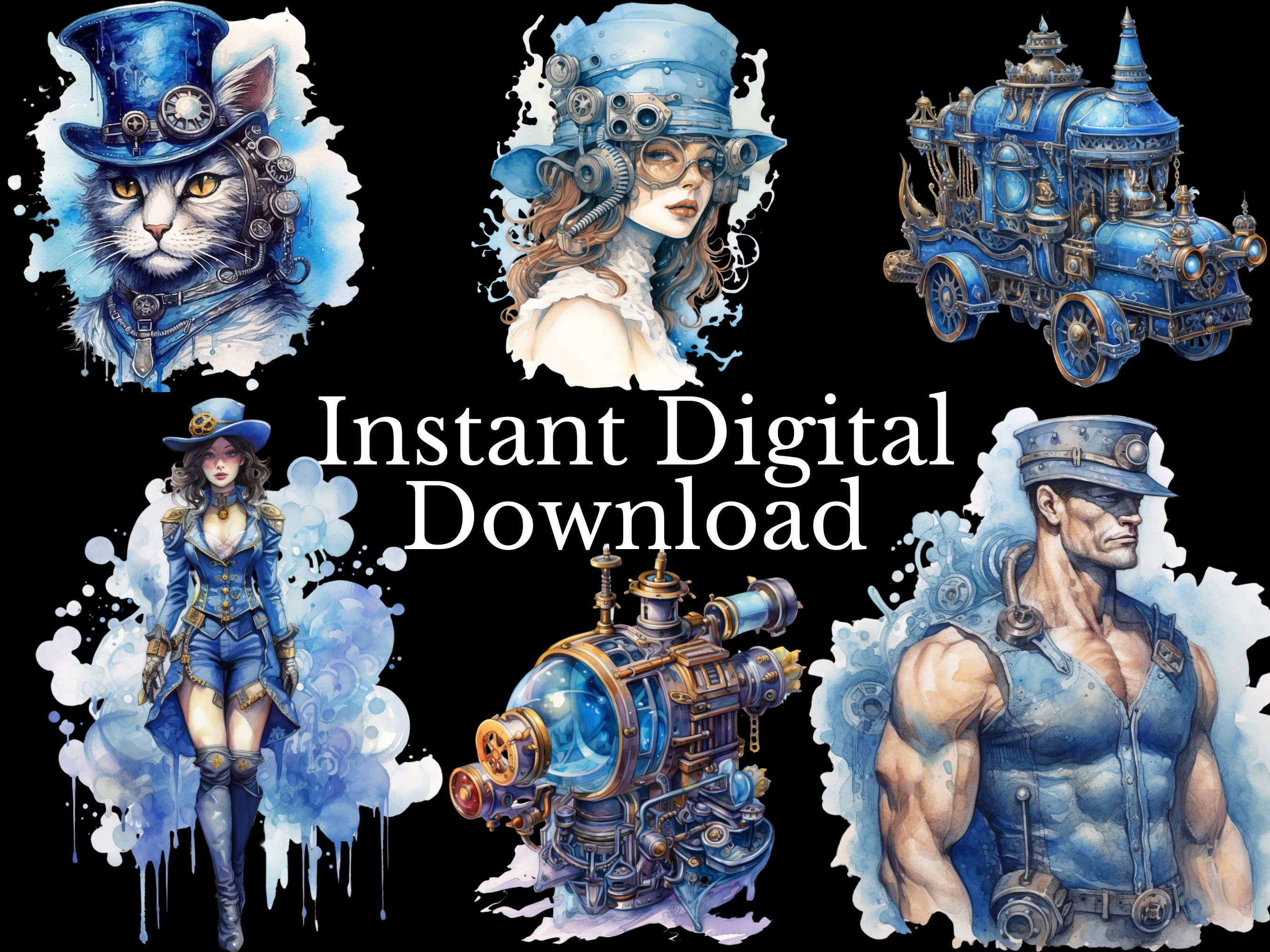 Crystal Blue Steampunk Clipart Bundle Steampunk Watercolor - Etsy