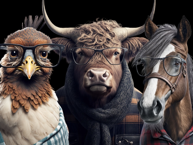 Hipster Farm Animal Clipart Bundle, Watercolor Art, Human Chicken PNG ...