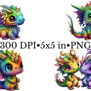 Baby Rainbow Dragon Clipart Bundle, Watercolor Art, Fantasy Cute Dragon ...