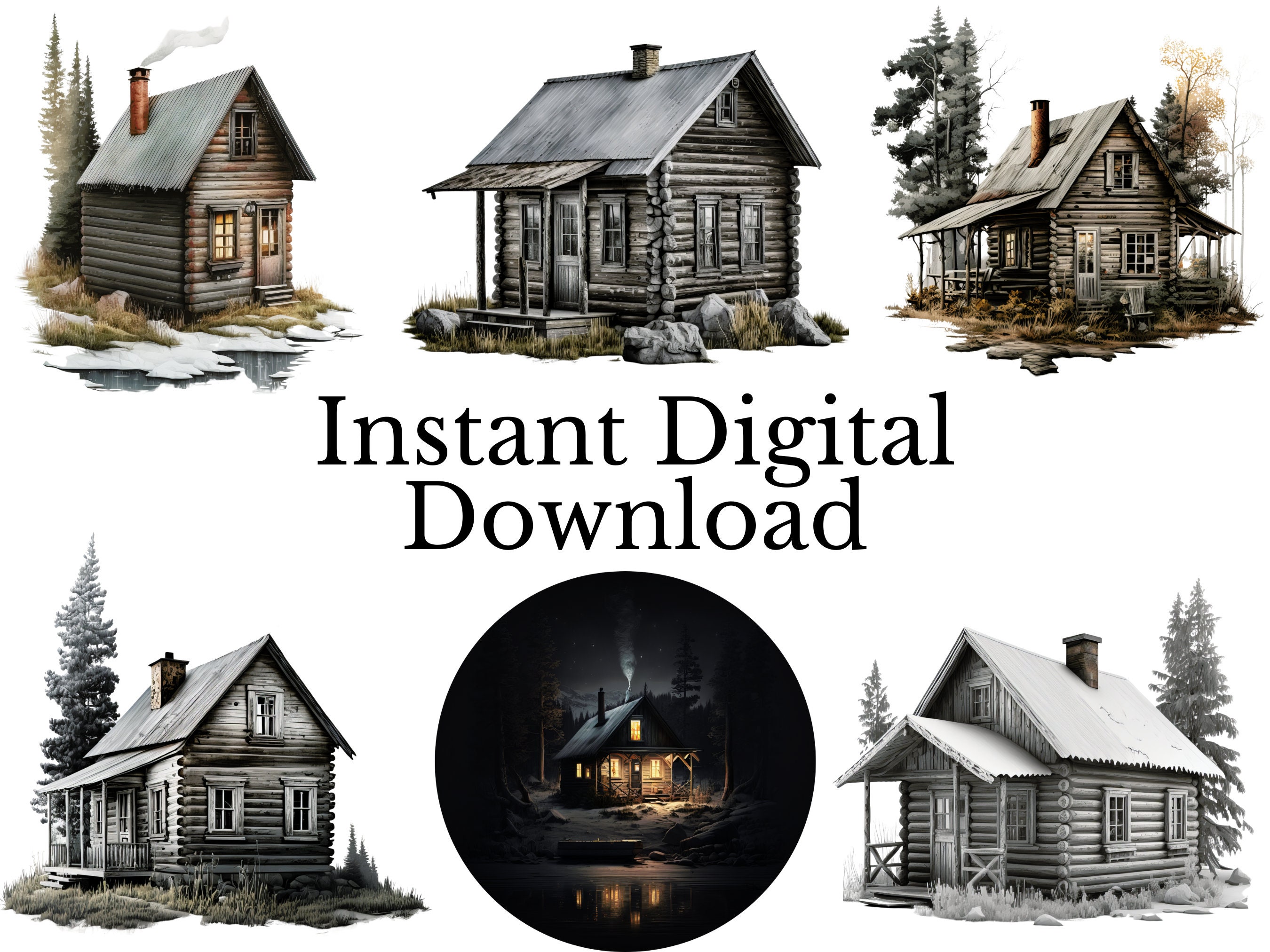 Cabin Clipart Bundle, Watercolor PNG, Transparent Background, Log Cabin ...