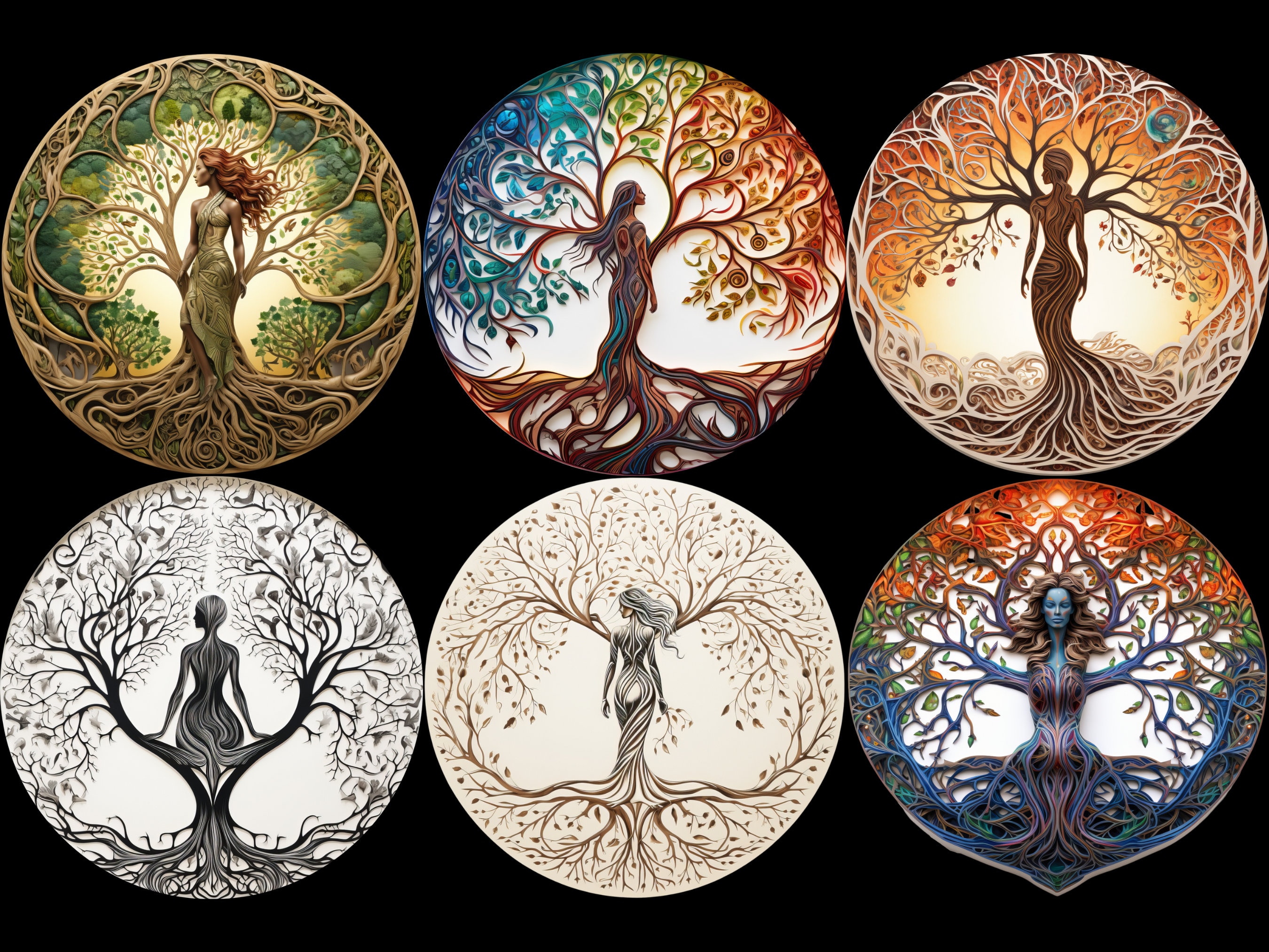 Tree of Life Female Style Clipart Bundle, Watercolor PNG, Girl Tree of ...