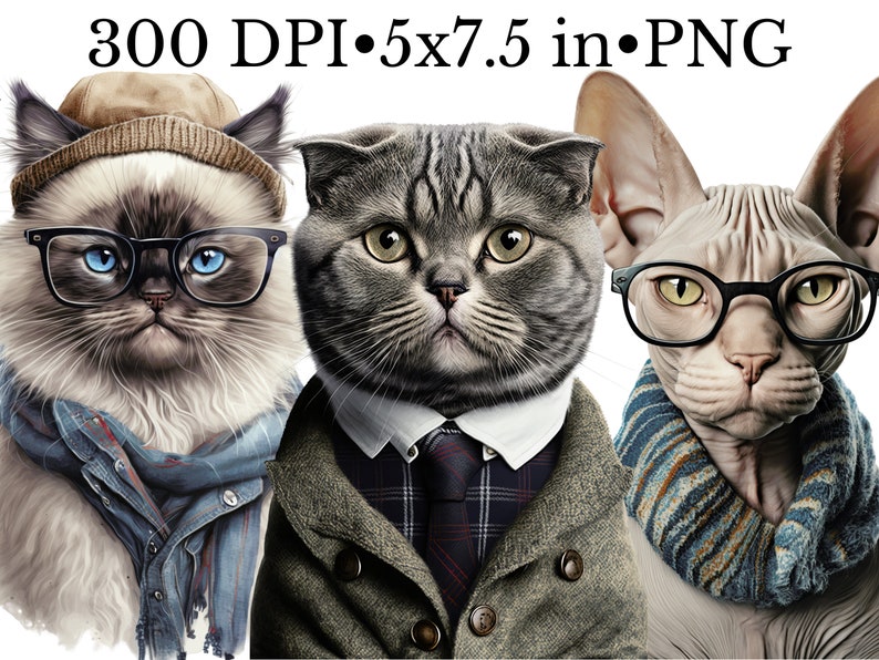 Hipster Cat Clipart Bundle, Watercolor Art, Human Animal PNG, Digital ...