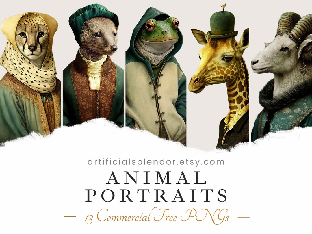 Animal Portrait Clipart Bundle, Watercolor Art, Human Animal PNG ...