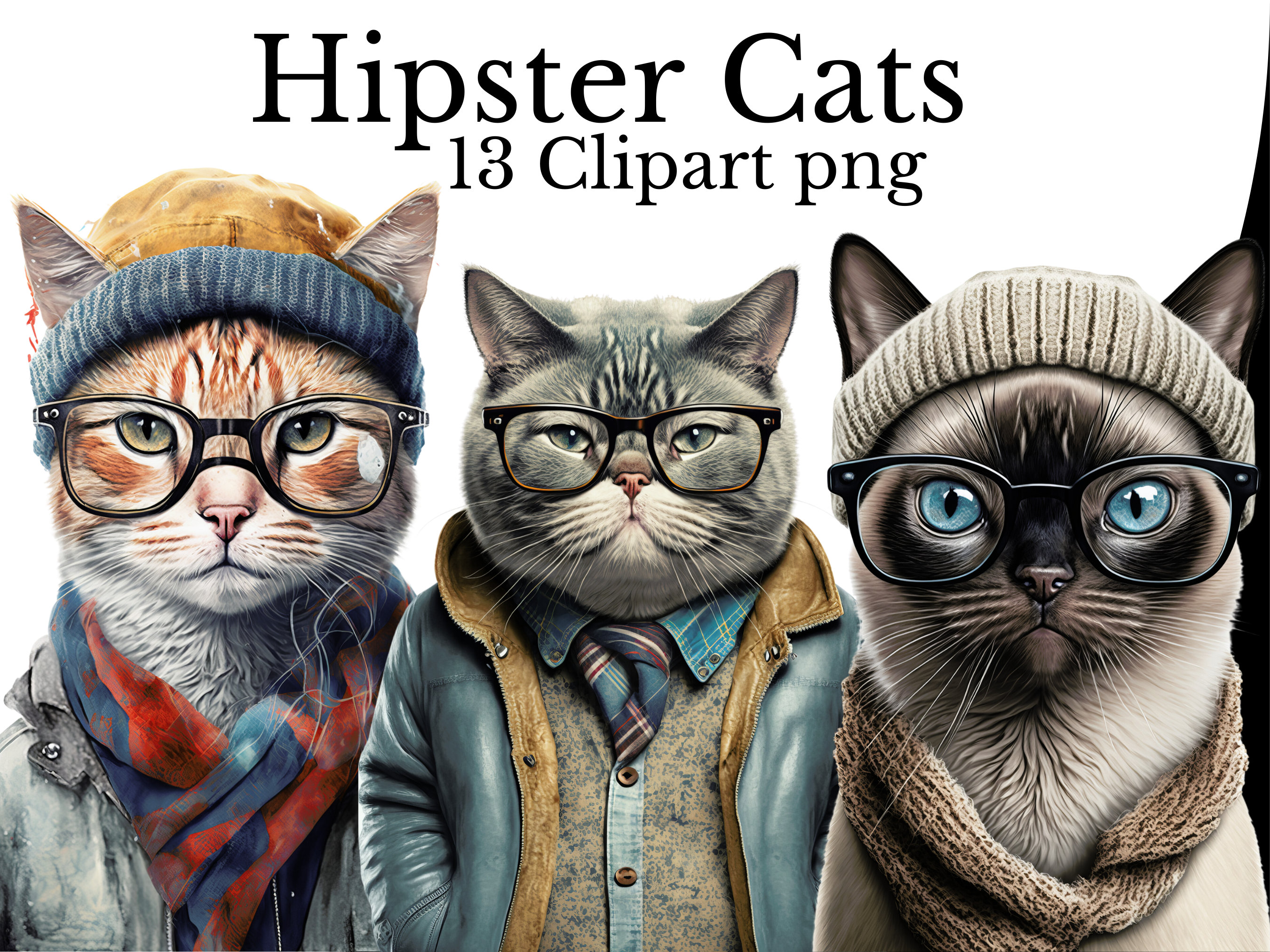 Hipster Cat Clipart Bundle Watercolor Art Human Animal PNG - Etsy