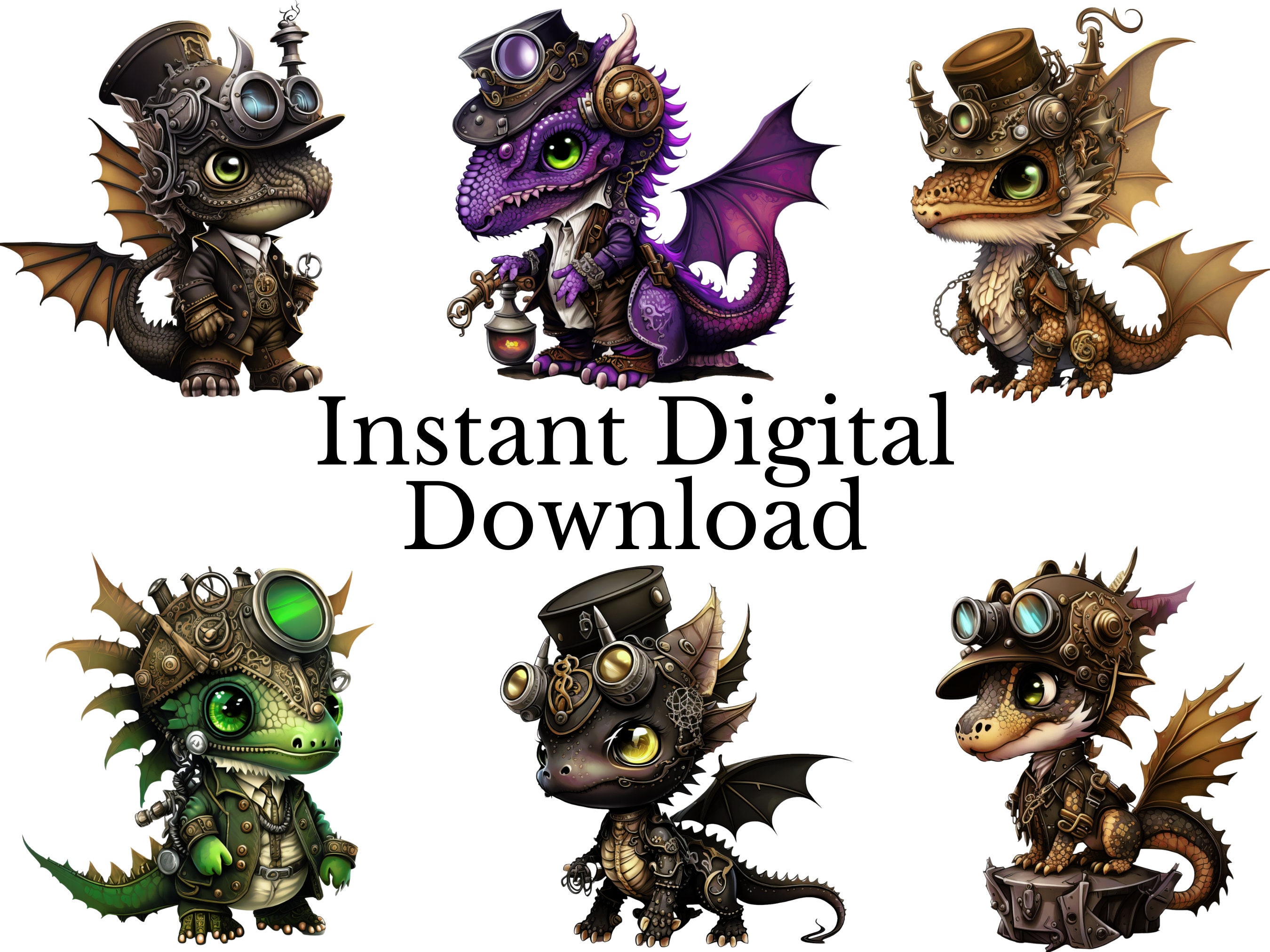 Steampunk Baby Dragon Clipart Bundle Watercolor Art Cute - Etsy