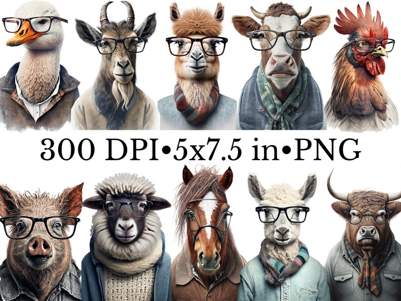Hipster Farm Animal Clipart Bundle, Watercolor Art, Human Chicken PNG ...