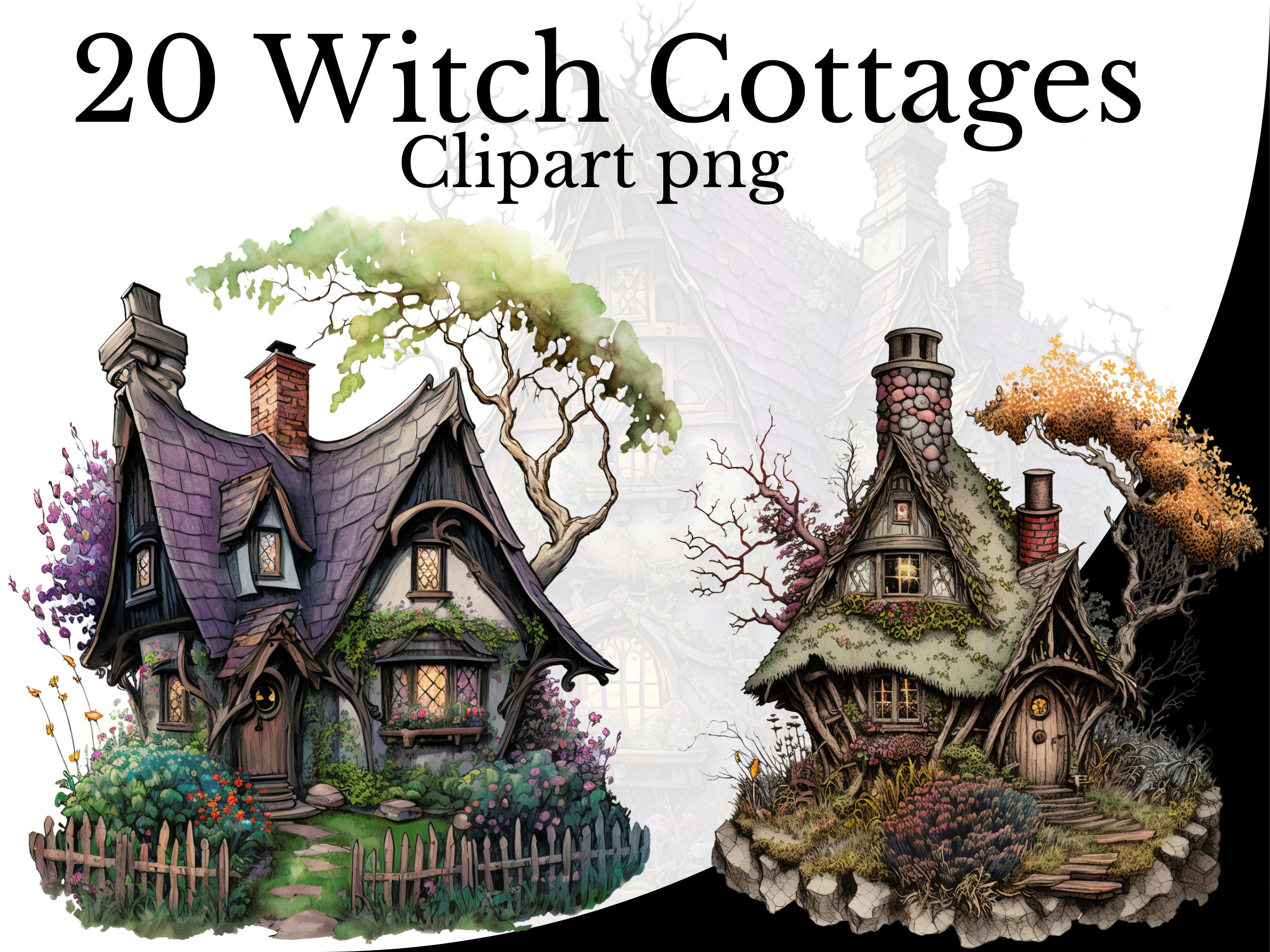 Witch Cottage Clipart Bundle Watercolor PNG Cottage Art - Etsy